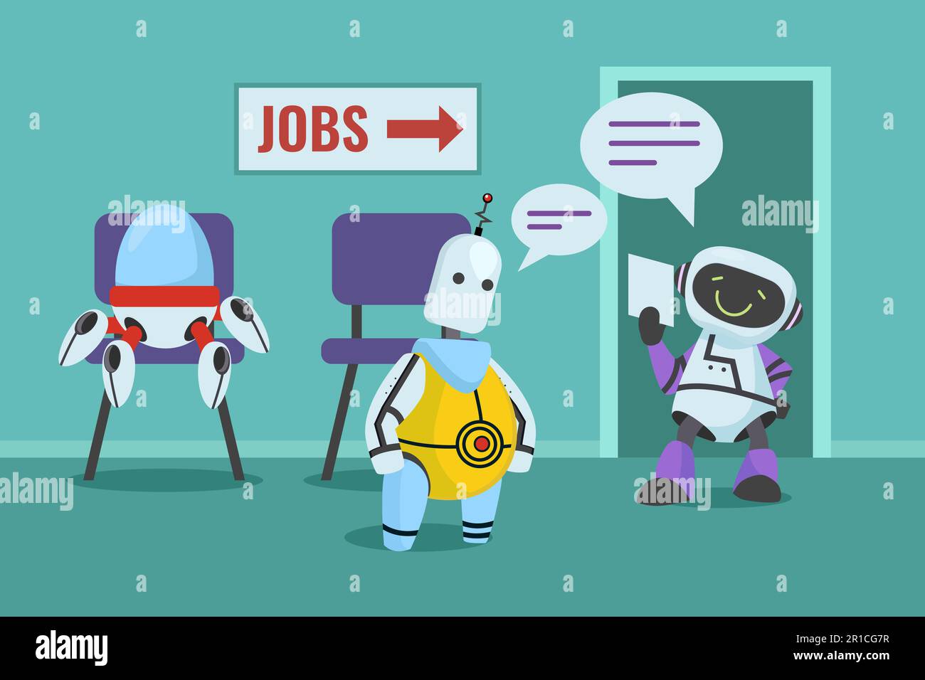 Cute robot waiting in queue for job interview illustration Stock Vector ...