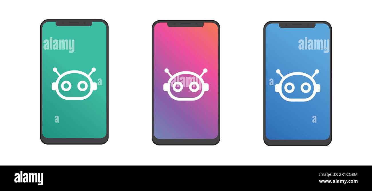 Chatbot on the phone, chat with the robot on the screen. Set on white ...