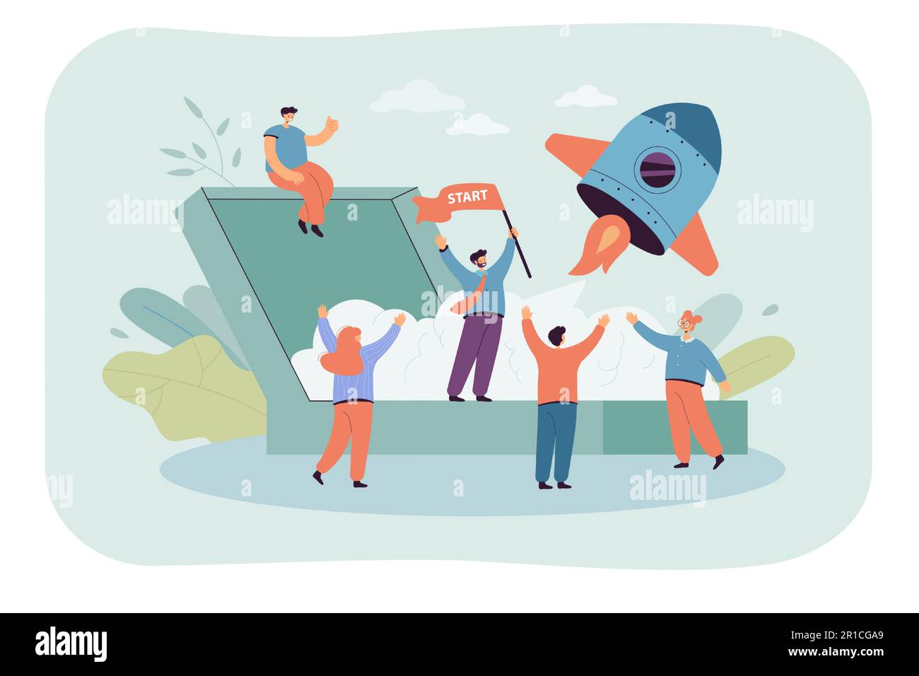 Cartoon launching new business project flat vector illustration Stock ...