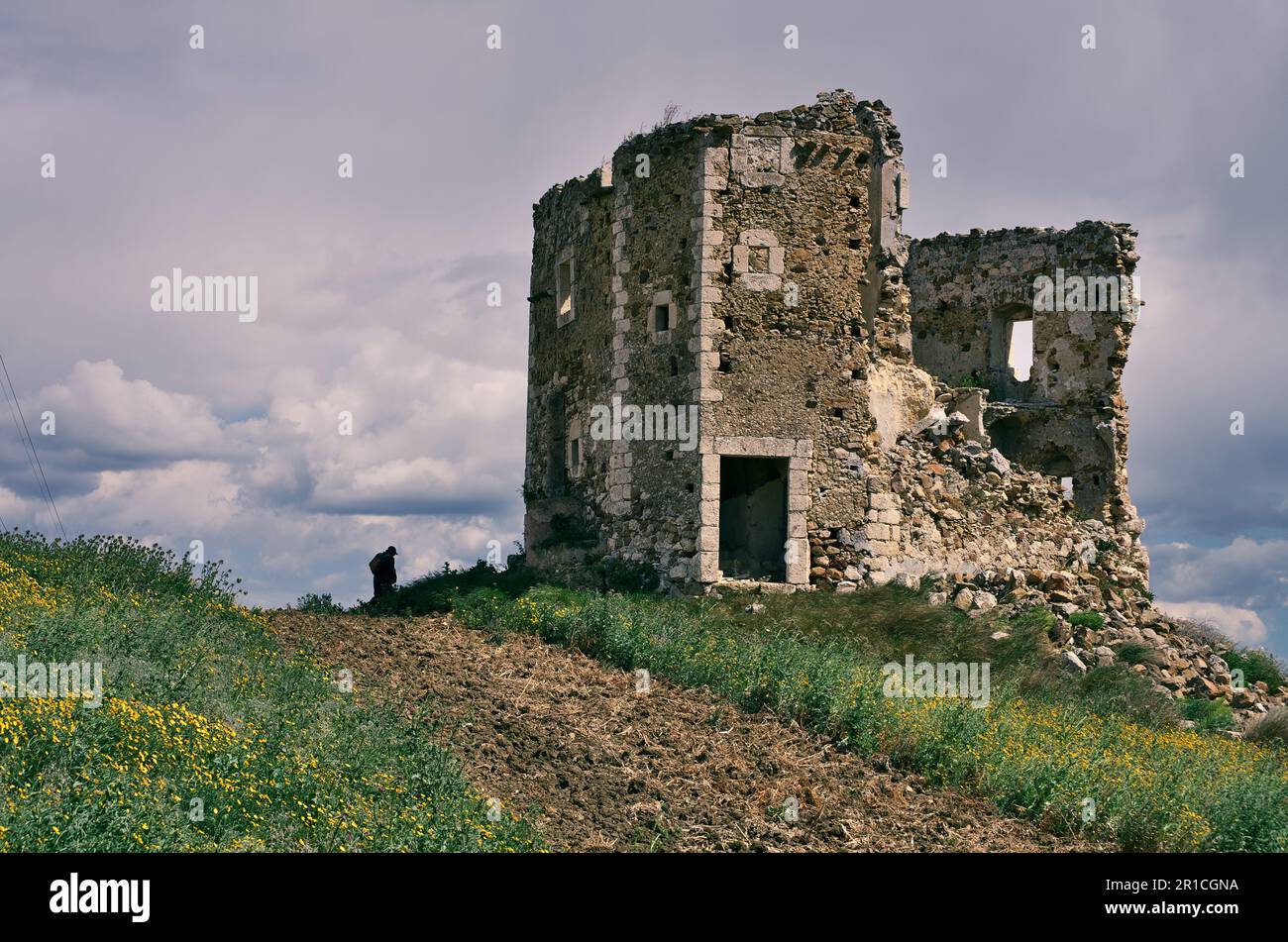stone ruins of Albospino Watch Tower in rural Sicily, Italy Stock Photo ...