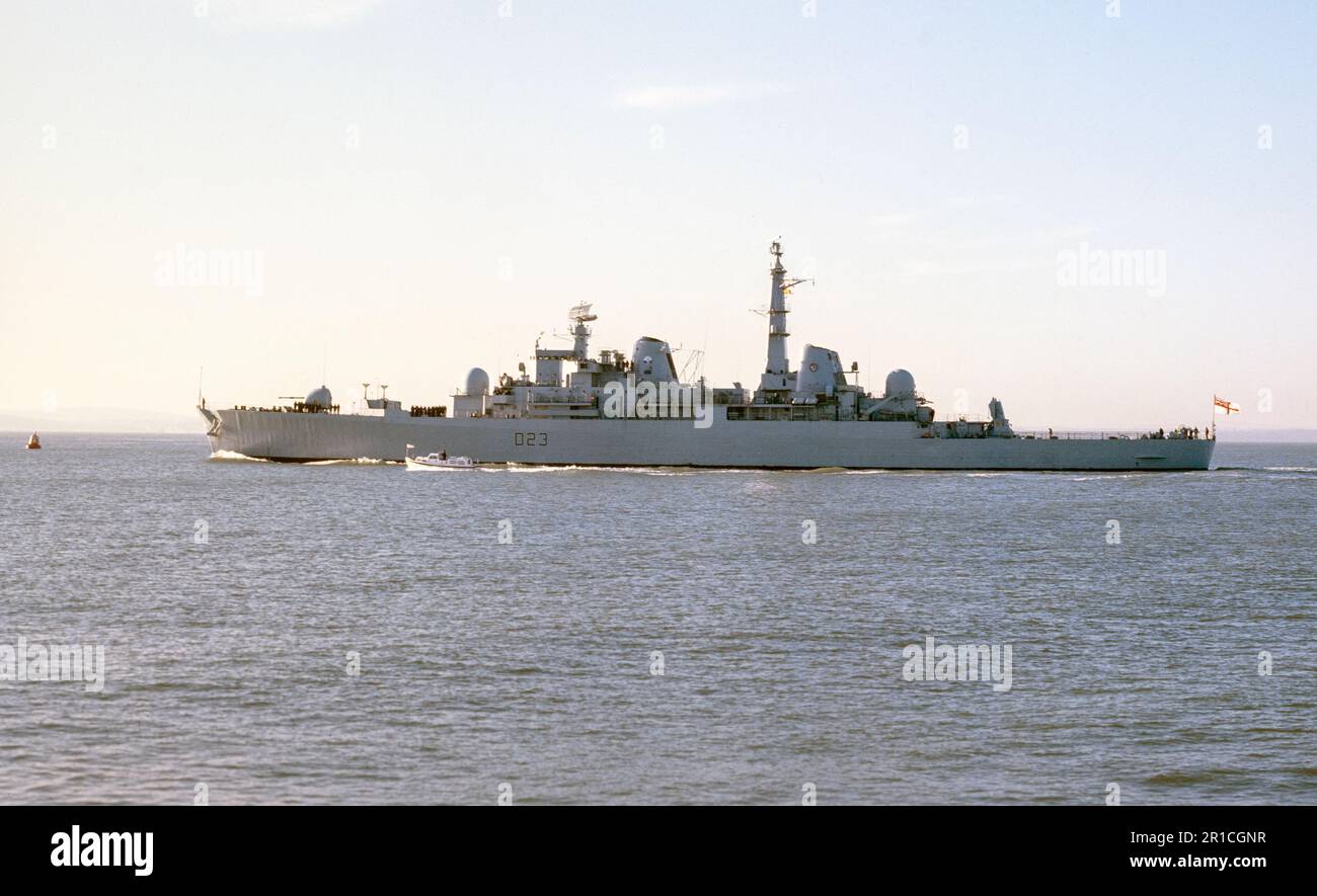 HMS Bristol D24 type 82 destroyer of the British Royal Navy leaving ...
