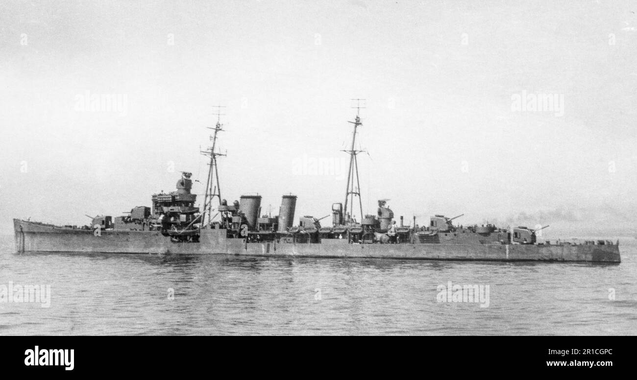 HMS Delhi D47 a Danae-class cruiser of the British Royal Navy at sea in ...