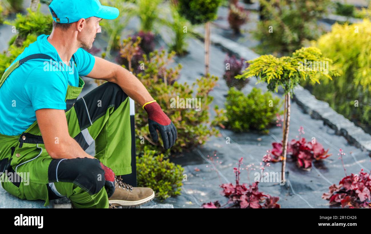 Caucasian Gardener in His 40s and His Newly Built Backyard Garden with ...