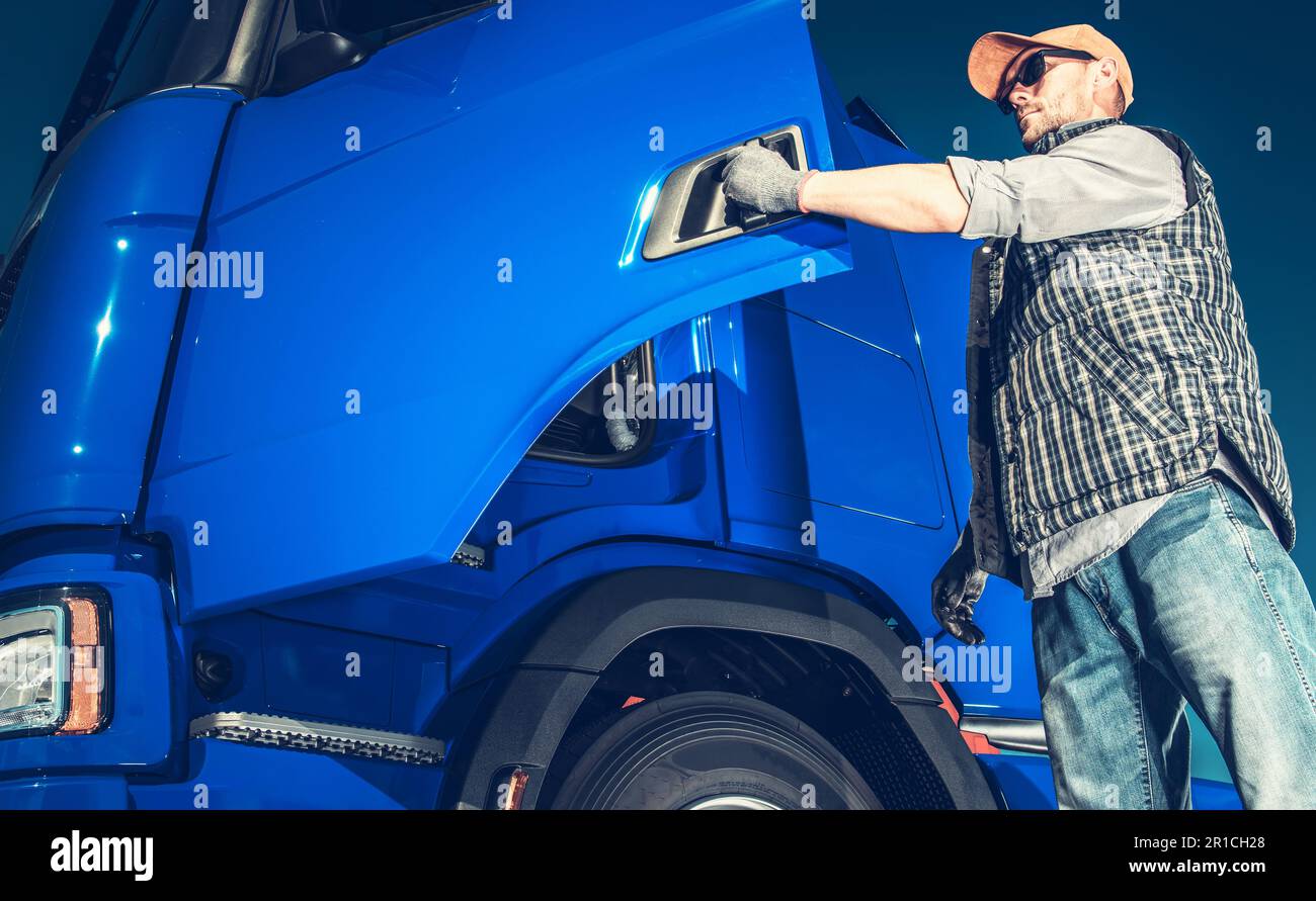 Euro Truck Commercial Driver Taking Long Cargo Shipping Trip. Getting ...