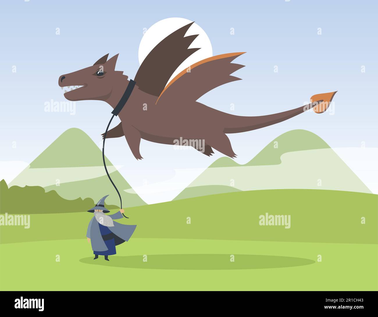 Cartoon old elf and flying dragon flat vector illustration Stock Vector ...