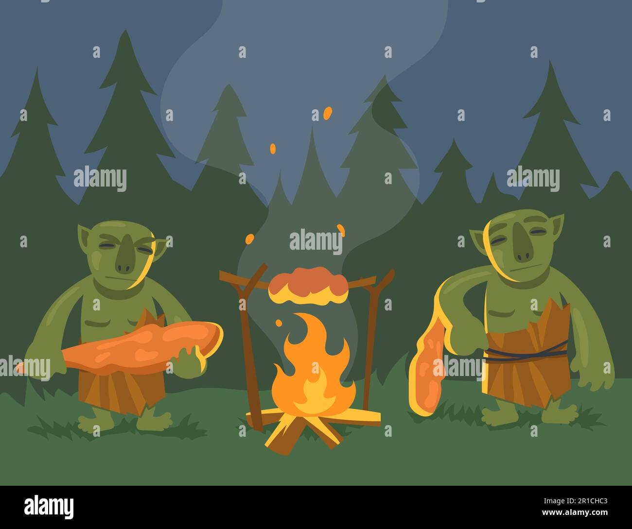 Two cartoon green trolls near bonfire flat vector illustration Stock ...