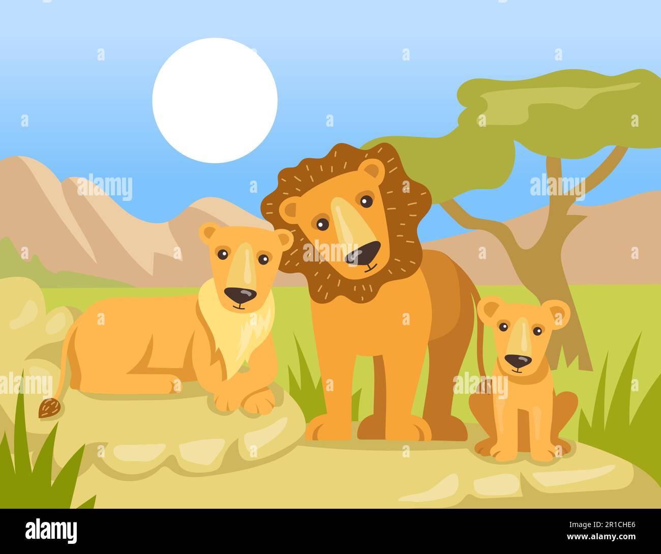 Cartoon lion family under African sun flat vector illustration Stock ...