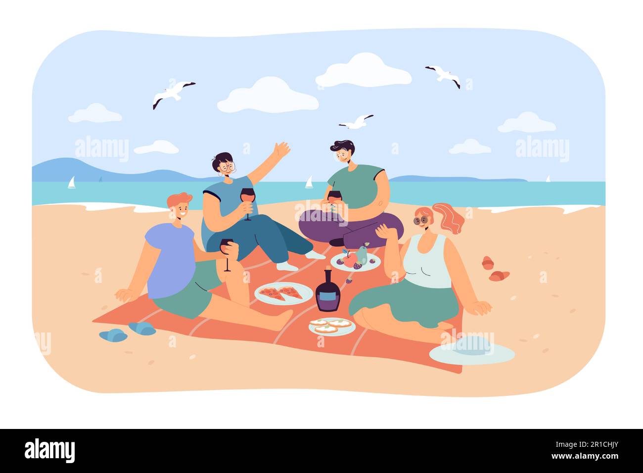 Group of happy friends having picnic on beach Stock Vector Image & Art ...
