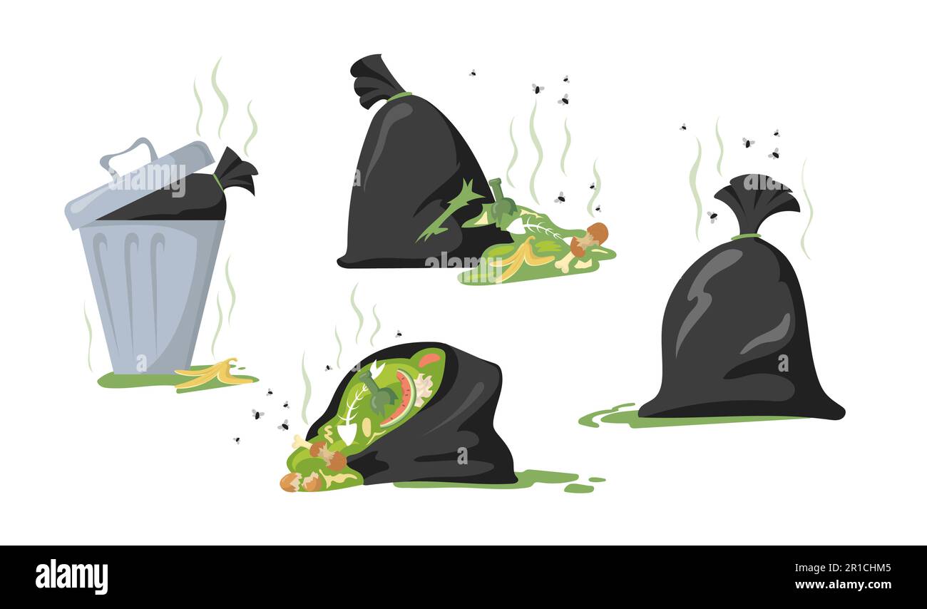 Set of cartoon black bags and dumpsters with trash and garbage Stock ...