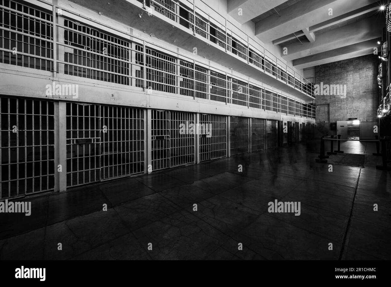 A black and white long exposure view of the D wing of Alcatraz Prison ...