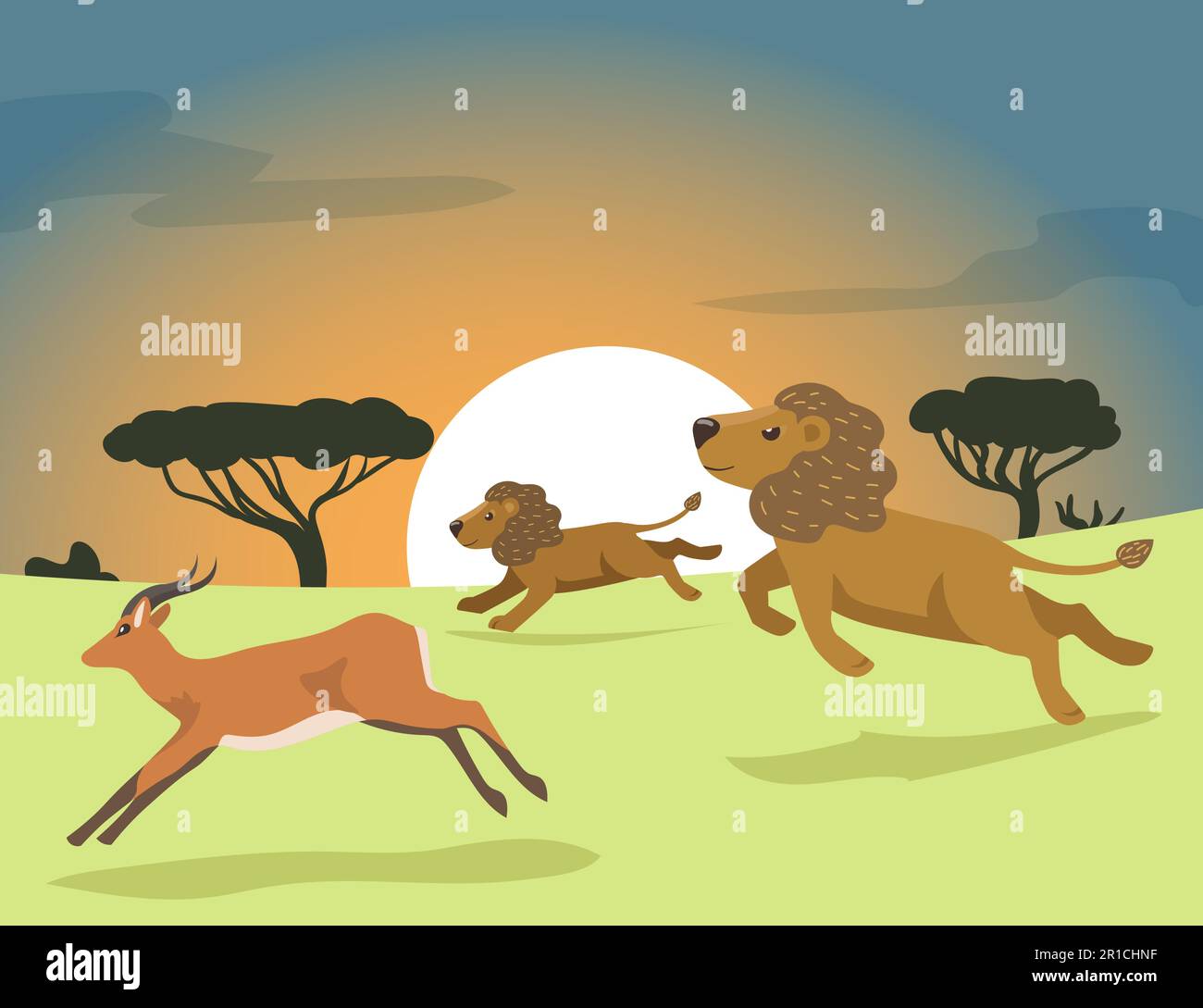 Two cartoon lions hunting in Africa flat vector illustration Stock ...