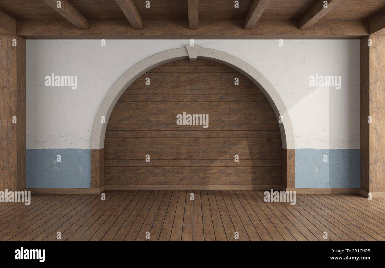 Empty room in rustic style with arch ,old wall and wooden roof - 3d ...