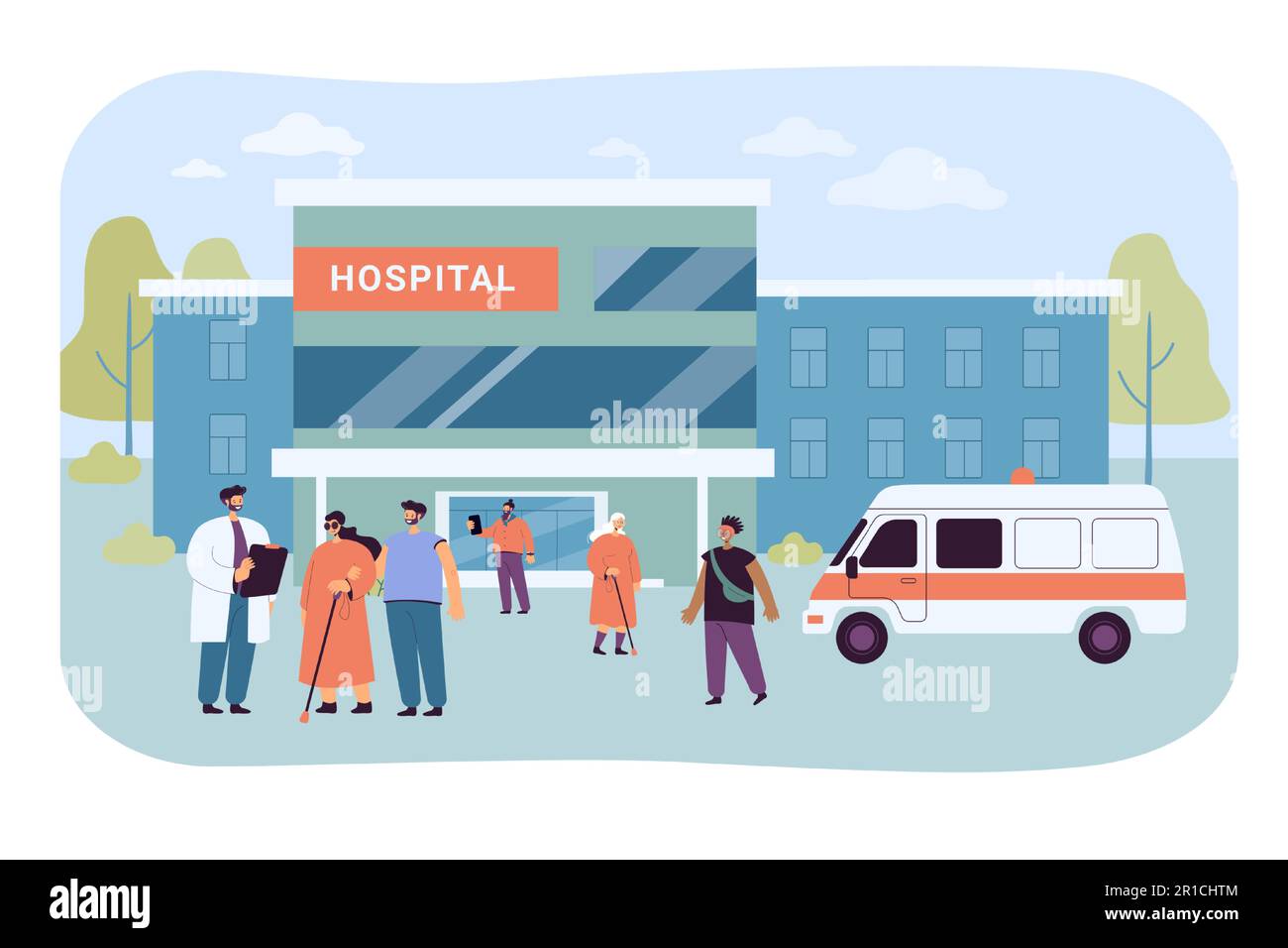 Patients and visitors walk near hospital building Stock Vector Image ...