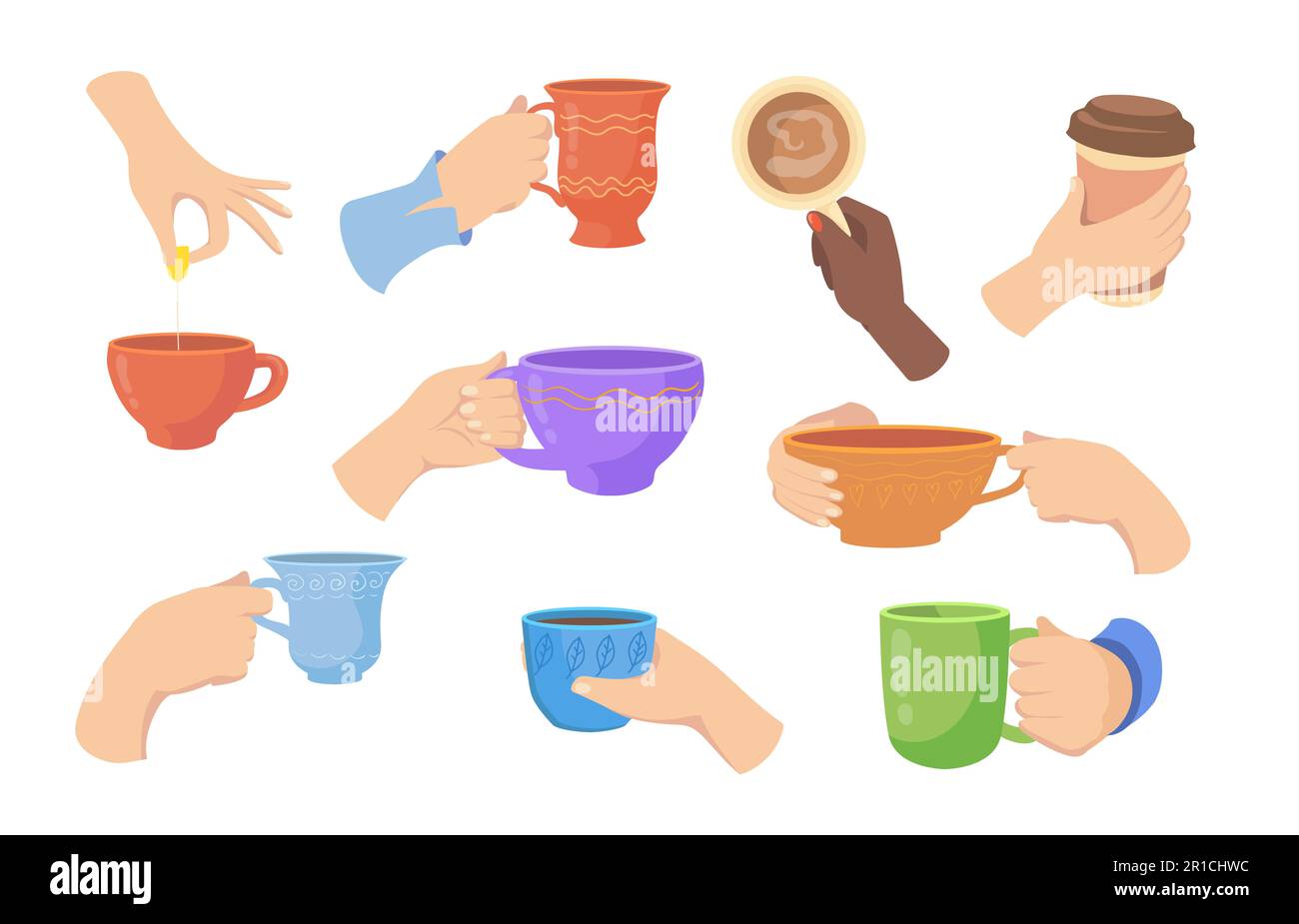 Colorful hands holding hot drinks in different cups Stock Vector Image & Art - Alamy