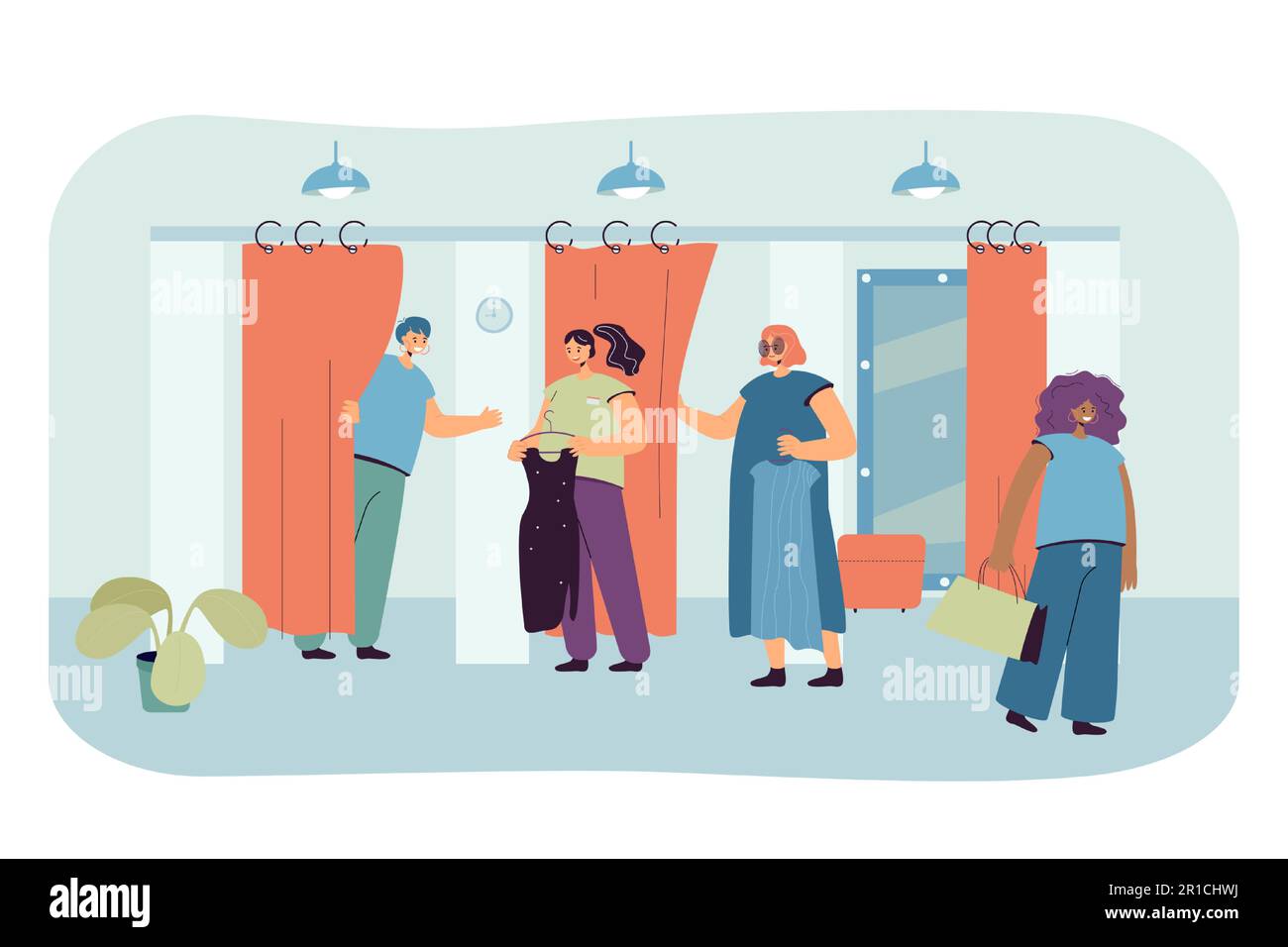 Cartoon people trying on clothes in fitting room Stock Vector Image ...