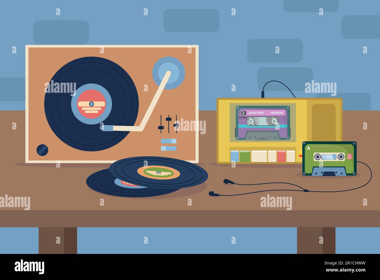 Vinyl and cassette players with earphones on table illustration Stock ...