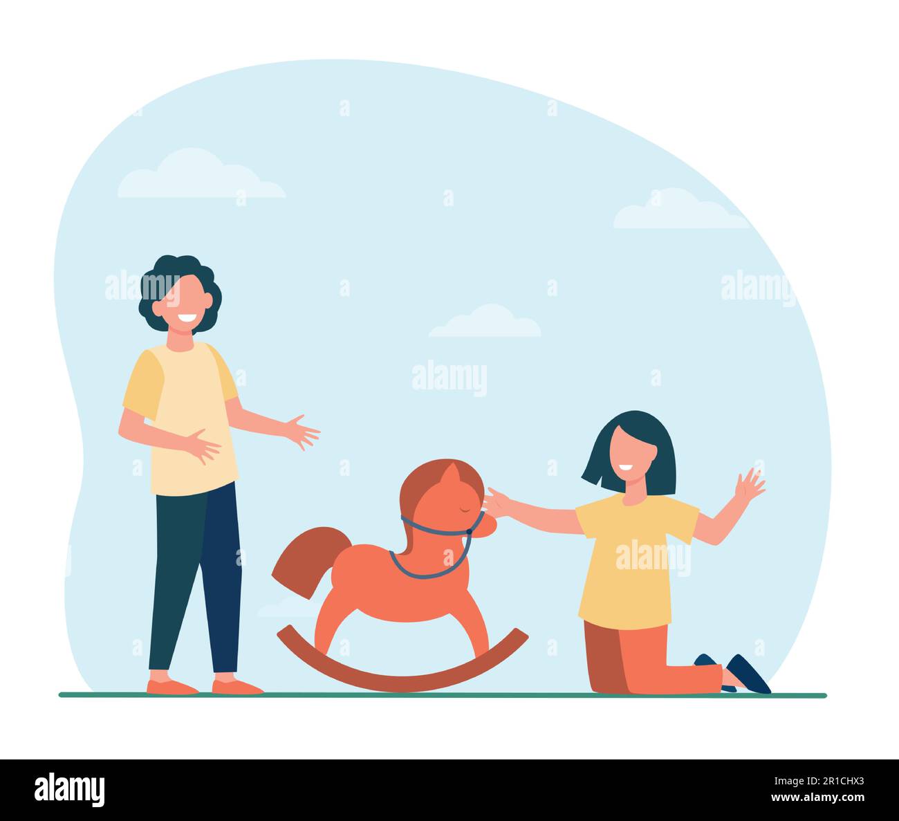 Happy girl and boy children playing with rocking horse together Stock ...