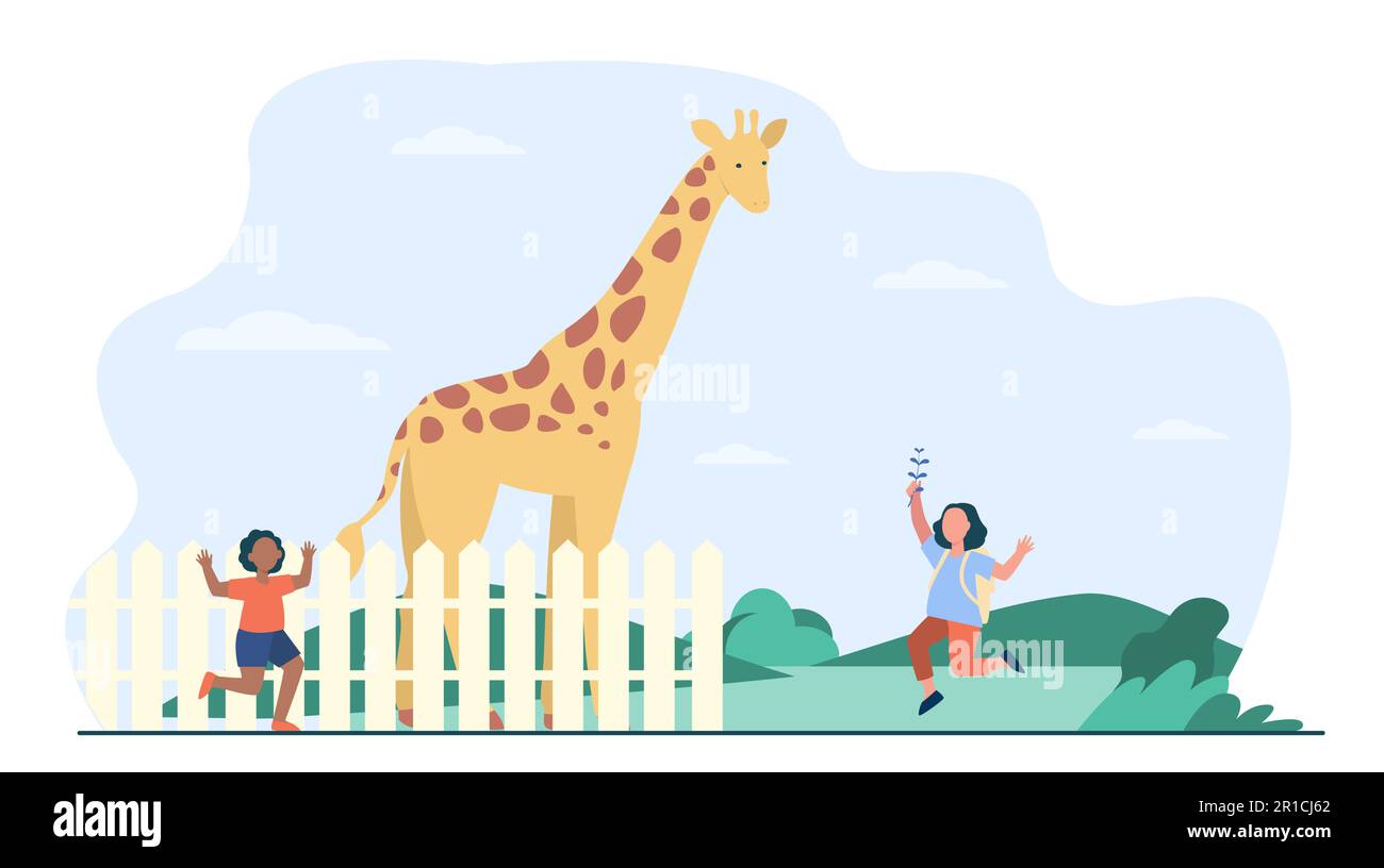 Happy children watching giraffe in zoo Stock Vector Image & Art - Alamy