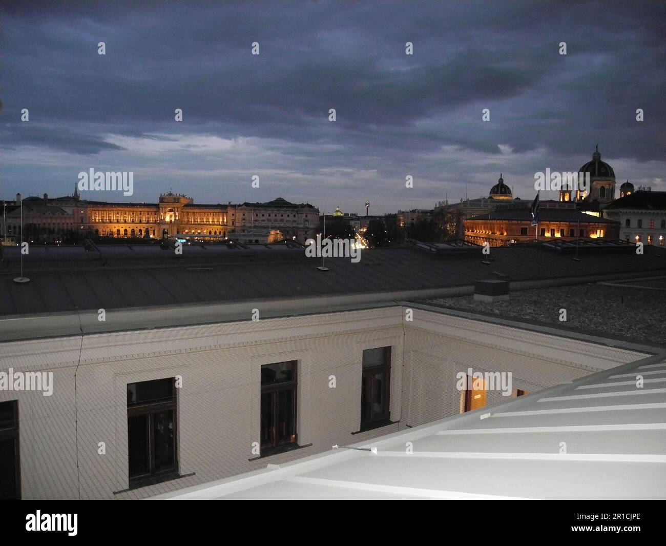 Austria, Vienna, night shot of the roof terrace of the parliament ...