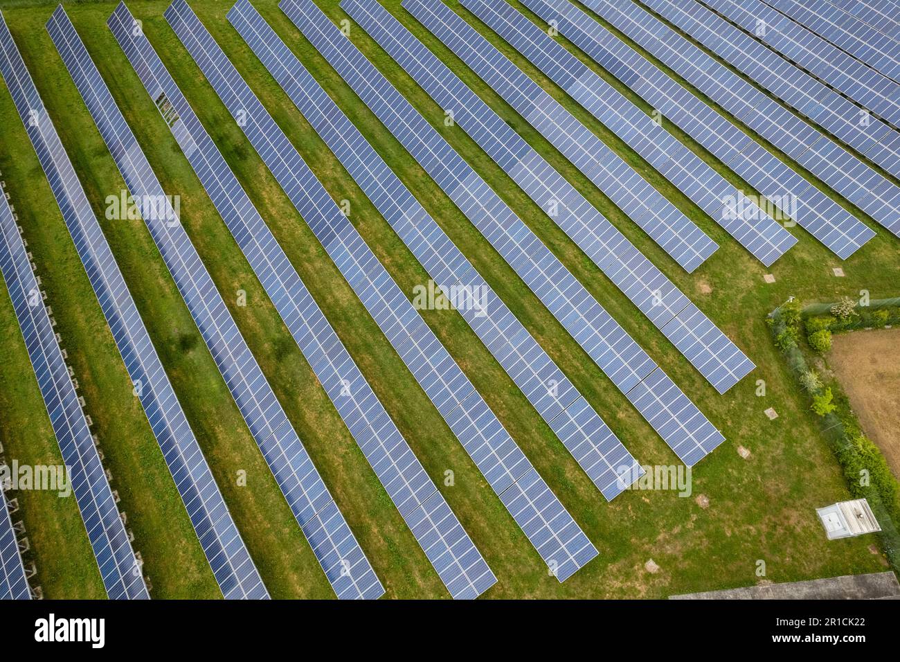 Renewable energy. Aerial shot drones fly over a photovoltaic power ...