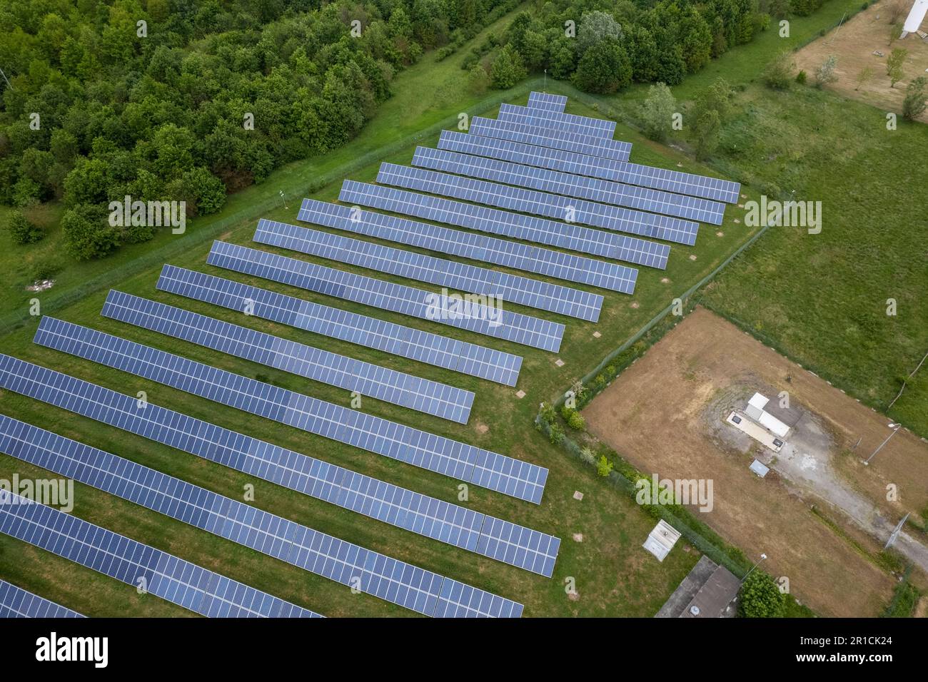 Renewable energy. Aerial shot drones fly over a photovoltaic power ...