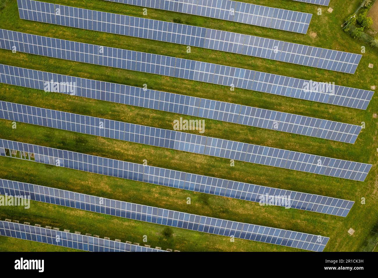 Renewable energy. Aerial shot drones fly over a photovoltaic power ...