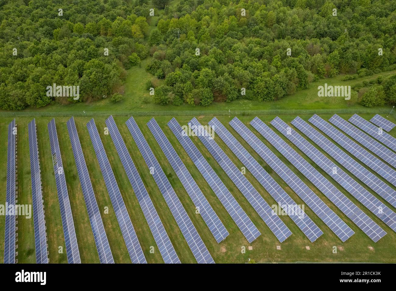 Renewable energy. Aerial shot drones fly over a photovoltaic power ...