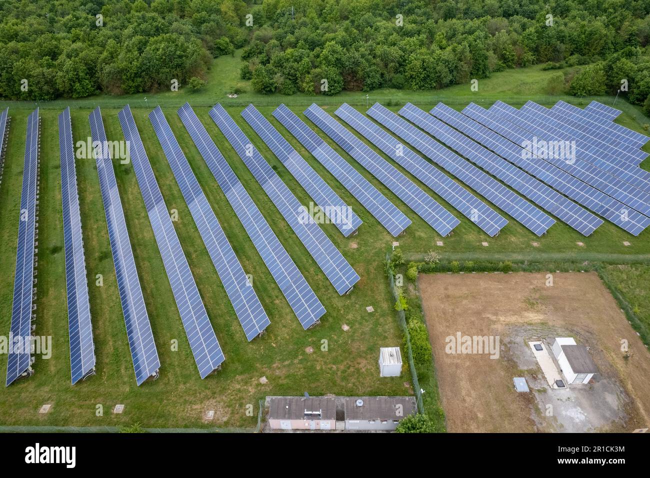 Renewable energy. Aerial shot drones fly over a photovoltaic power ...