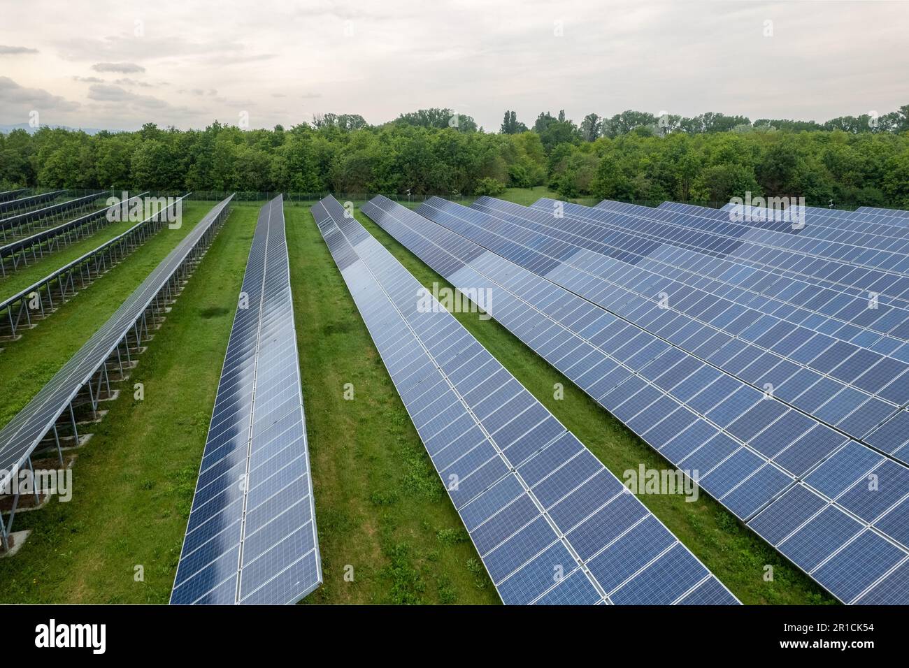 Renewable energy. Aerial shot drones fly over a photovoltaic power ...