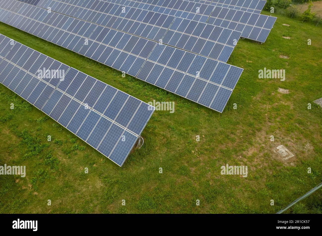 Renewable energy. Aerial shot drones fly over a photovoltaic power ...