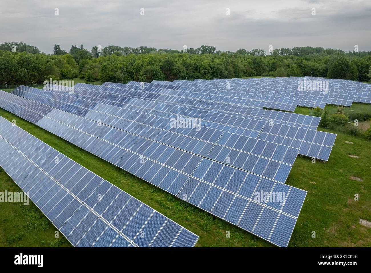 Renewable energy. Aerial shot drones fly over a photovoltaic power ...