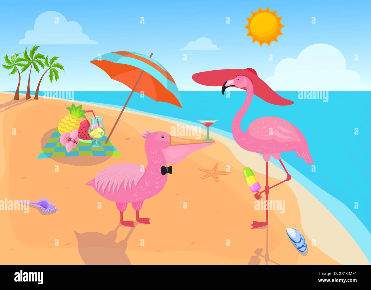 Flamingo eating ice cream on beach illustration Stock Vector Image ...