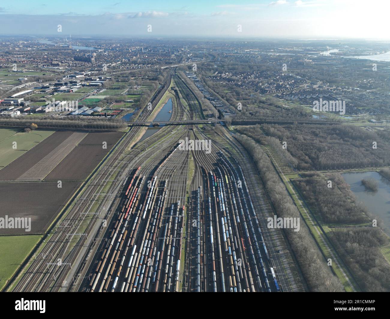 Aerial drone footage top down view of a picturesque locomotive depot ...