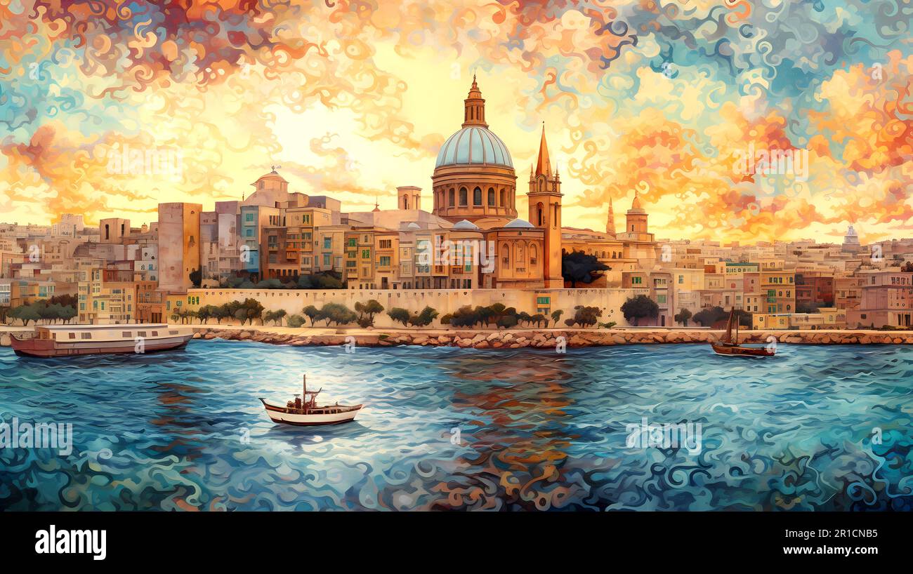 Illustration of beautiful view of Valletta, Malta Stock Photo - Alamy