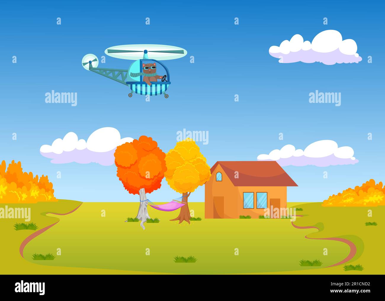 Cute cartoon cat flying helicopter over autumn landscape Stock Vector ...