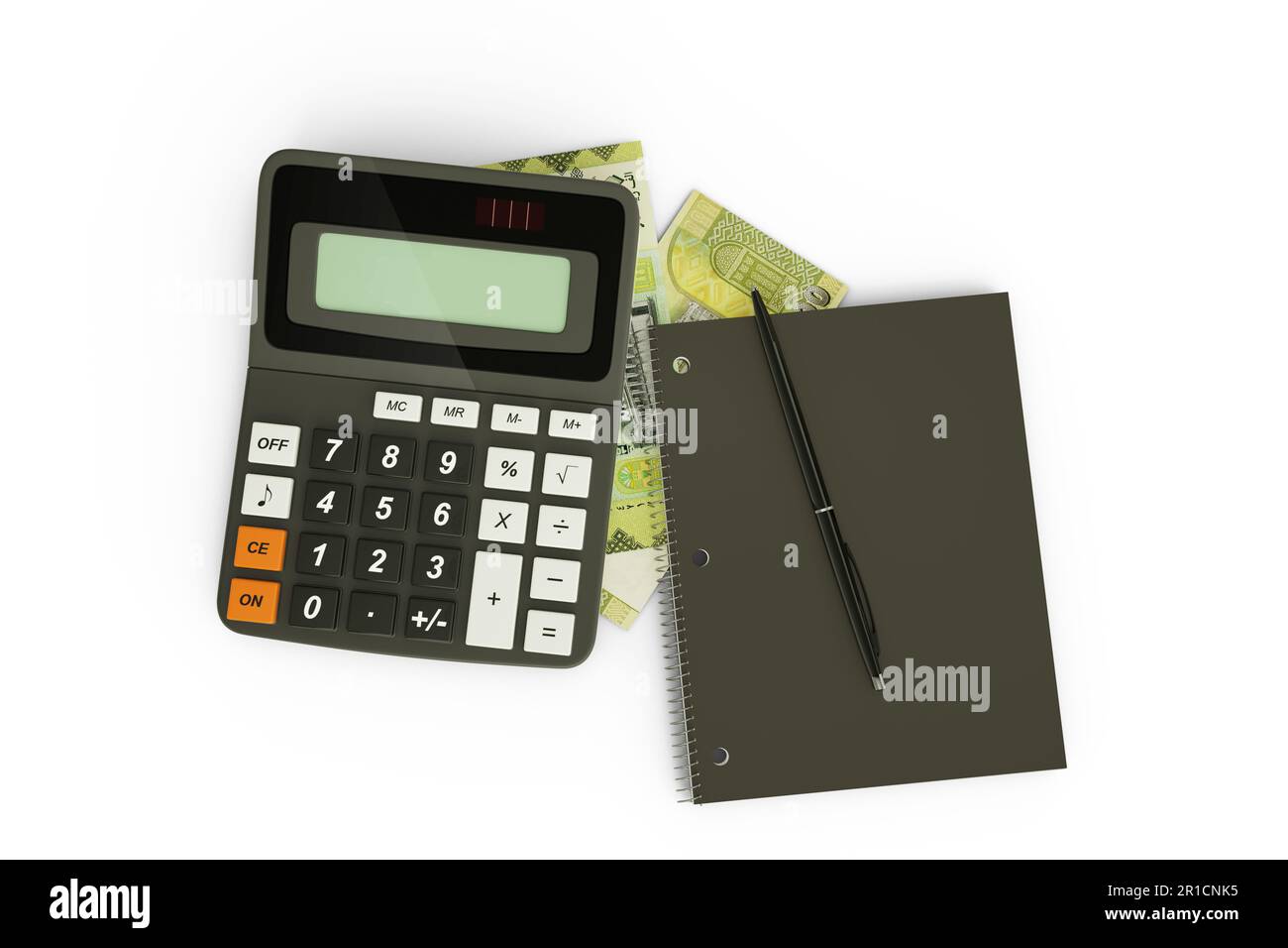 3D rendering of an isolated composition of Yemeni Rial notes, a ...