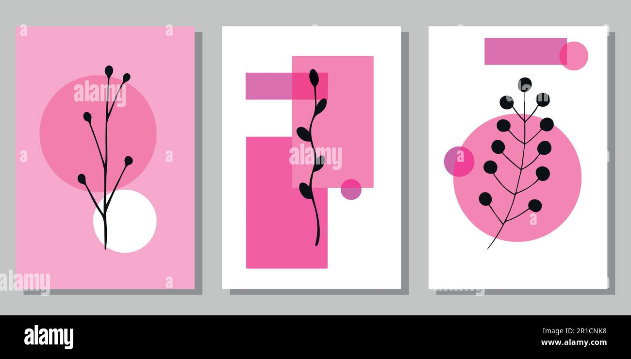 Set of creative minimalist paintings with botanical elements and pink shapes. For interior ...