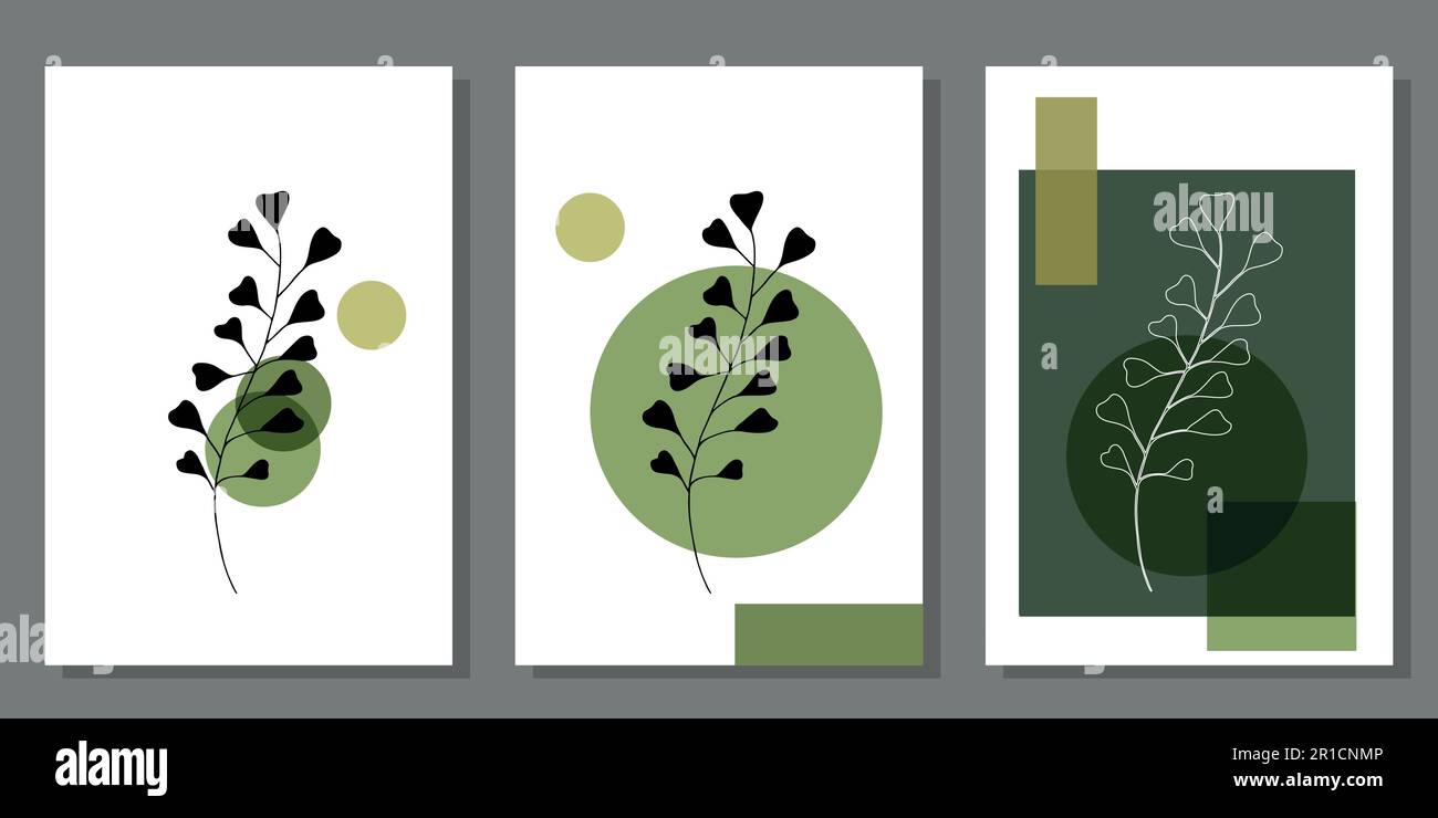 Set of creative minimalist paintings with botanical elements and green shapes. For interior ...