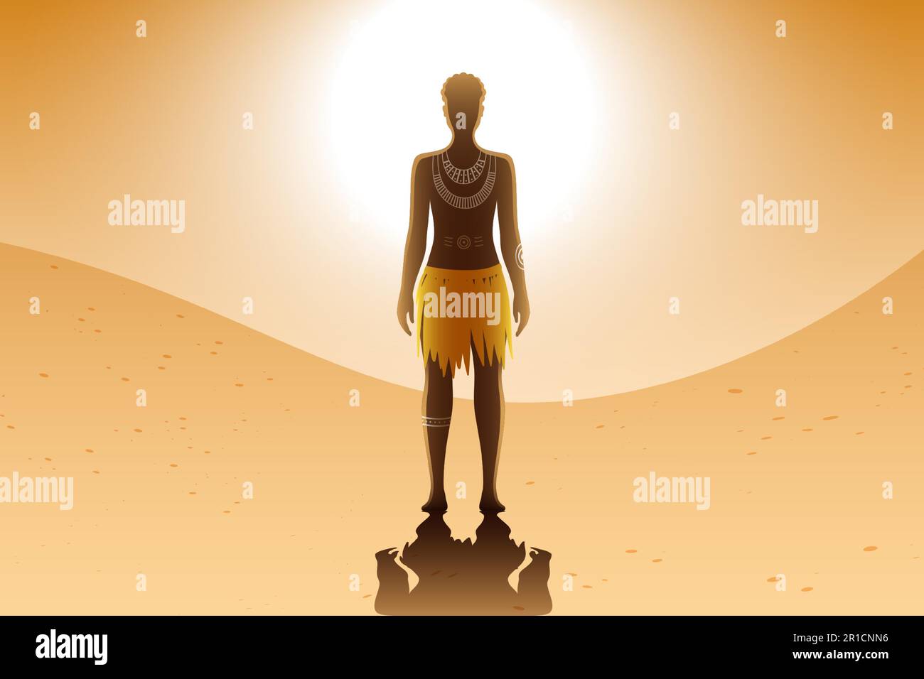 Aborigine woman with body art and ethnic dress, standing in desert on a ...