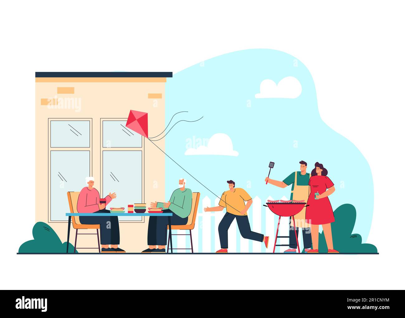 Happy family cooking BBQ at backyard flat vector illustration Stock ...