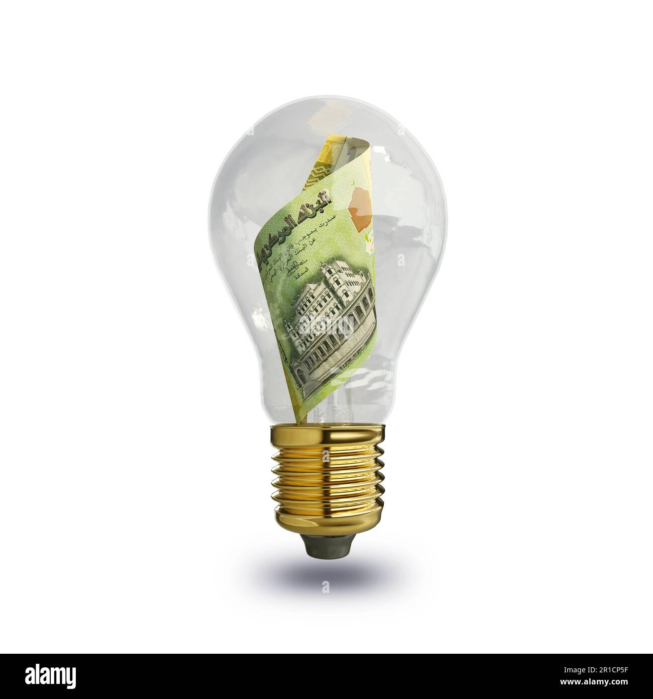 3d rendering of Yemeni Rial note inside transparent light bulb isolated ...