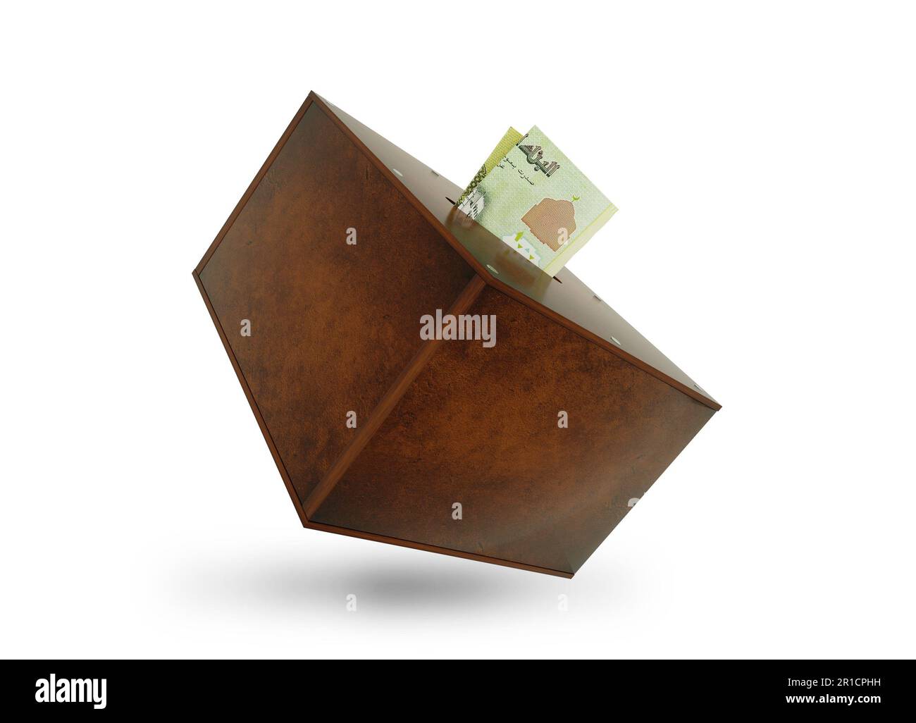 Yemeni Rial notes inside wooden savings box. Generic savings Bank ...