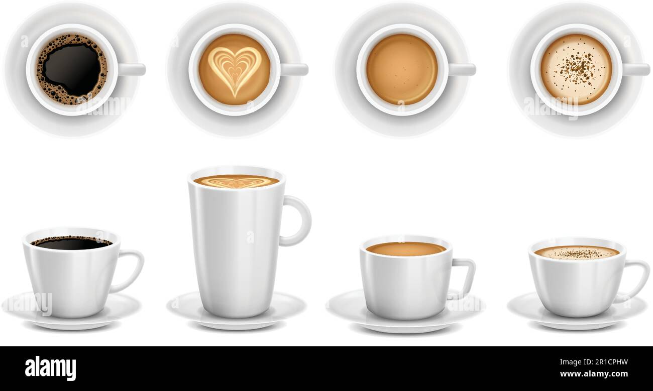 Realistic 3D cups of coffee. White ceramic cup of cappuccino, latte art ...