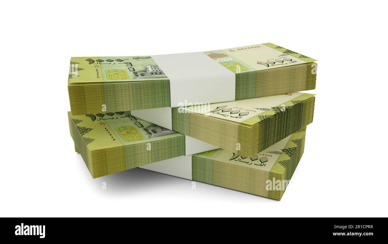 3d rendering of Stack of Yemeni Rial notes. Few bundles of Yemeni ...