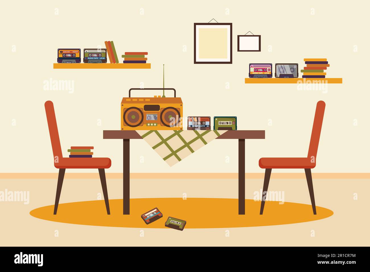 Tape recorder and cassettes on table in dining room illustration Stock ...