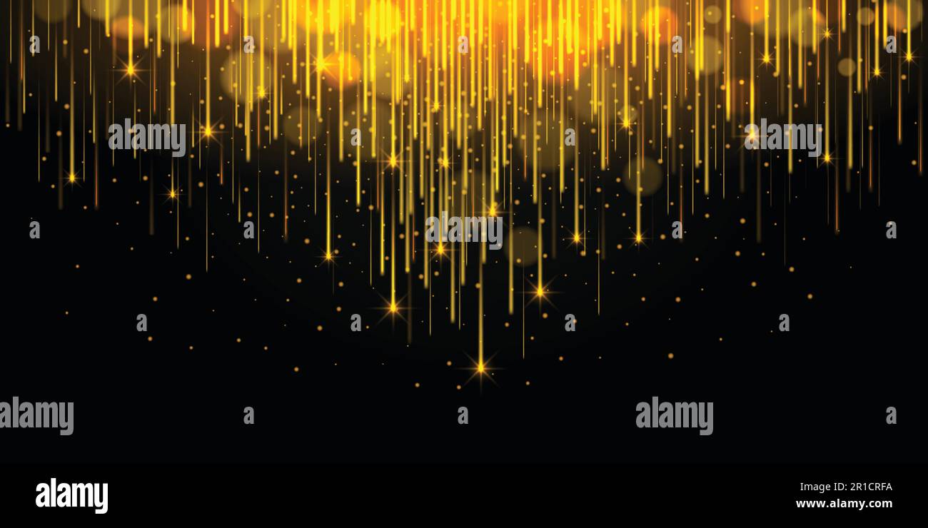 Golden shimmering shooting stars. Dark background with falling shiny ...