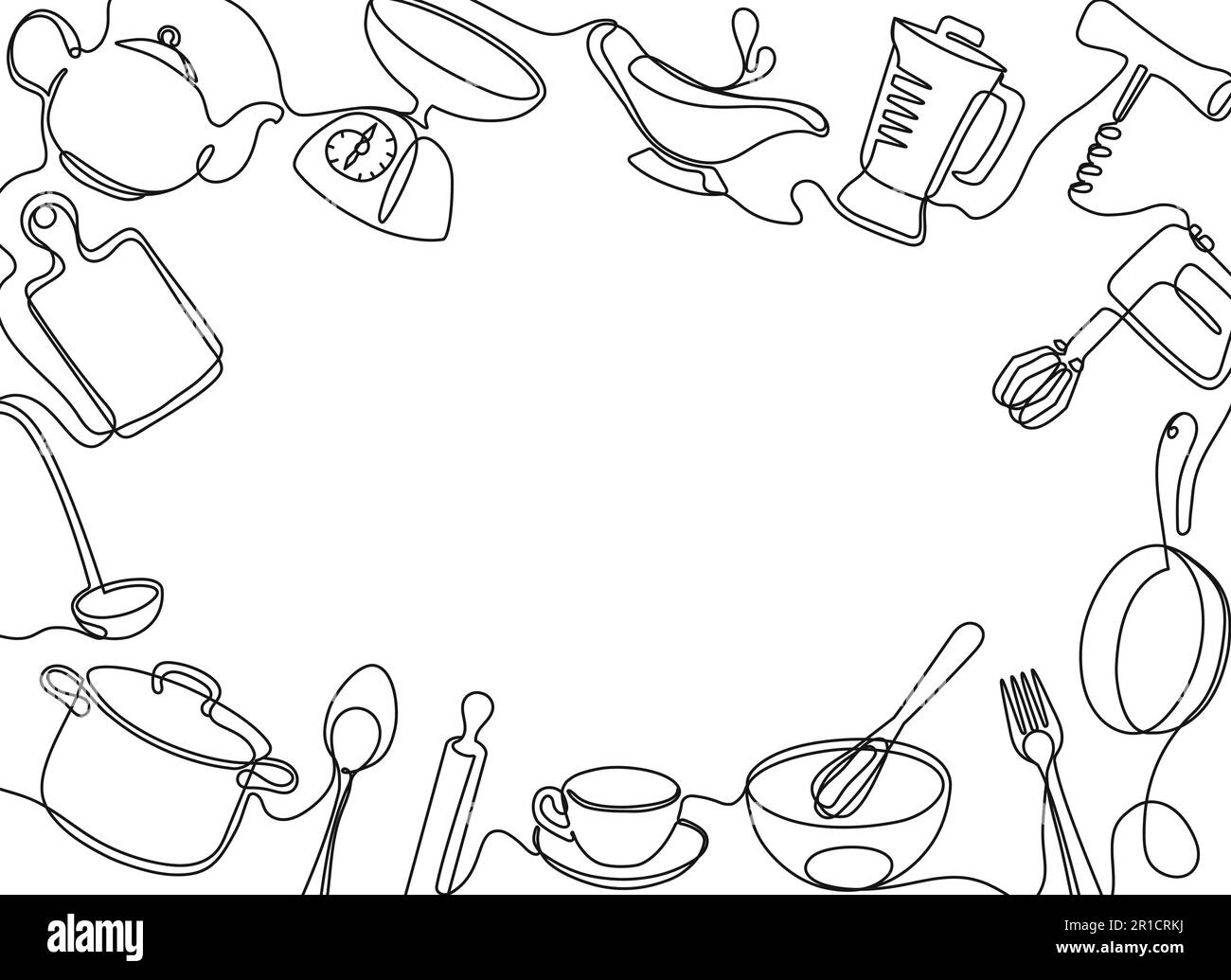 Continuous one line kitchen frame. Cooking utensils banner template ...