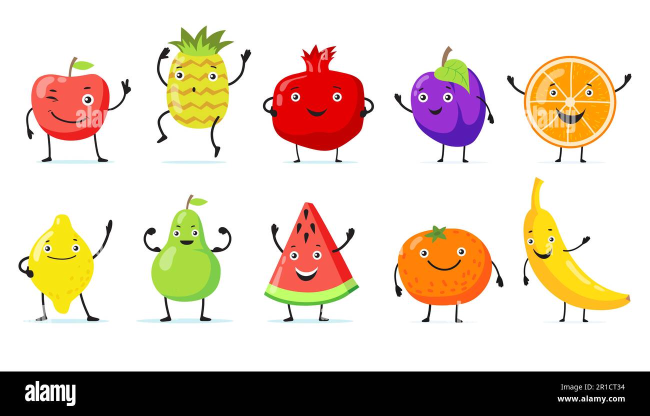 Set of happy fruit cartoon characters flat vector illustration Stock ...