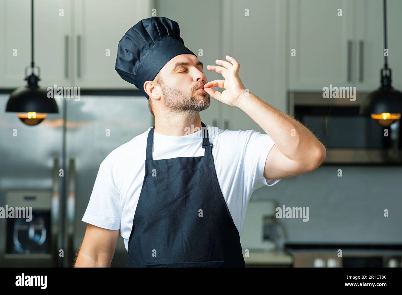 Man chef cooker, baker. Man chefs with sign of perfect food. Chef man ...