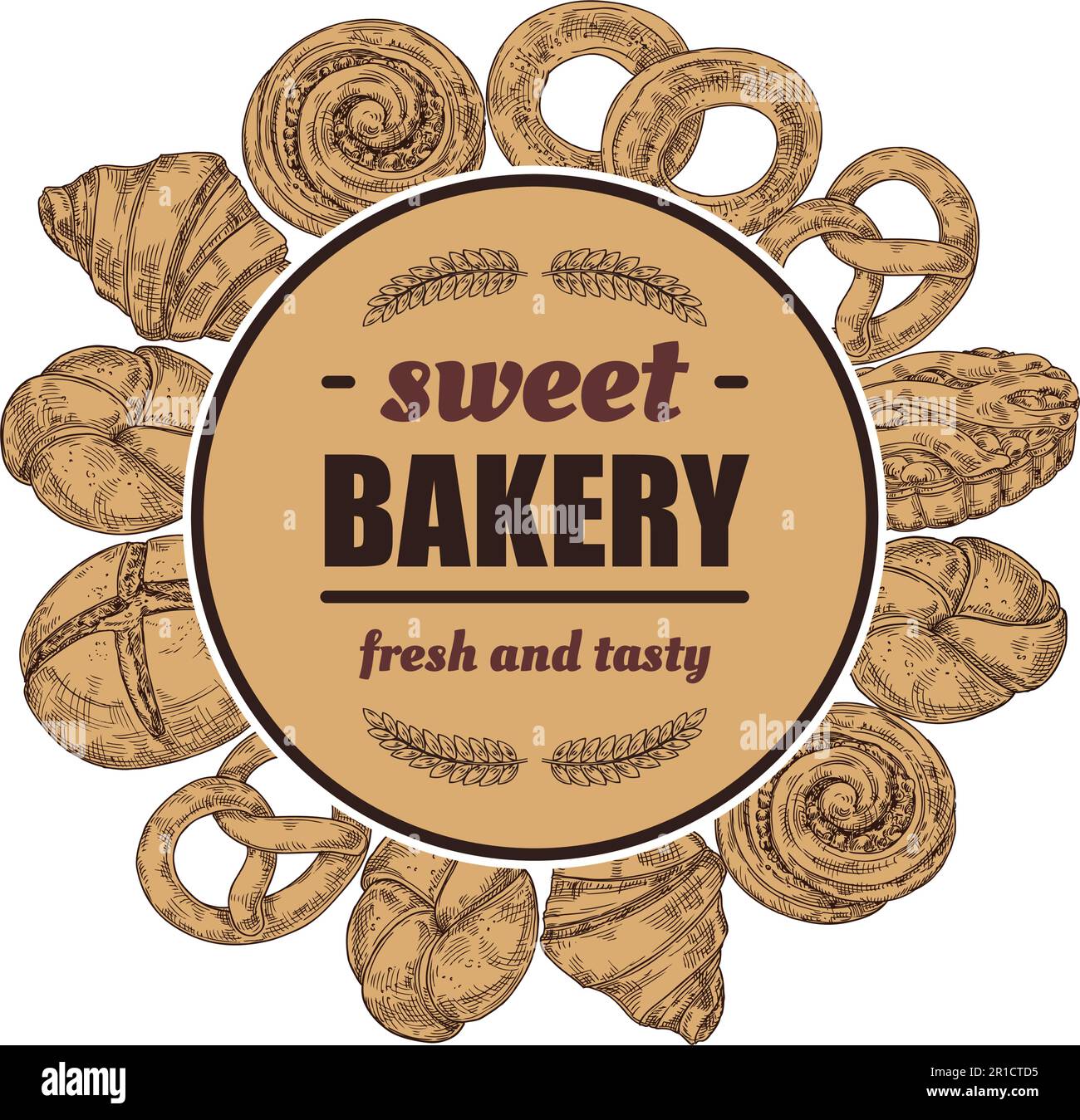 Sketch bakery emblem. Sweet baked goods and fresh bread hand drawn ...